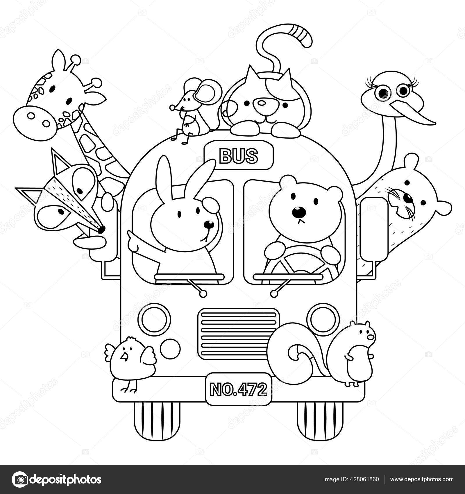 Tiere Bus Vektor Illustration Karikatur Farblos Schulbus Cartoon ...