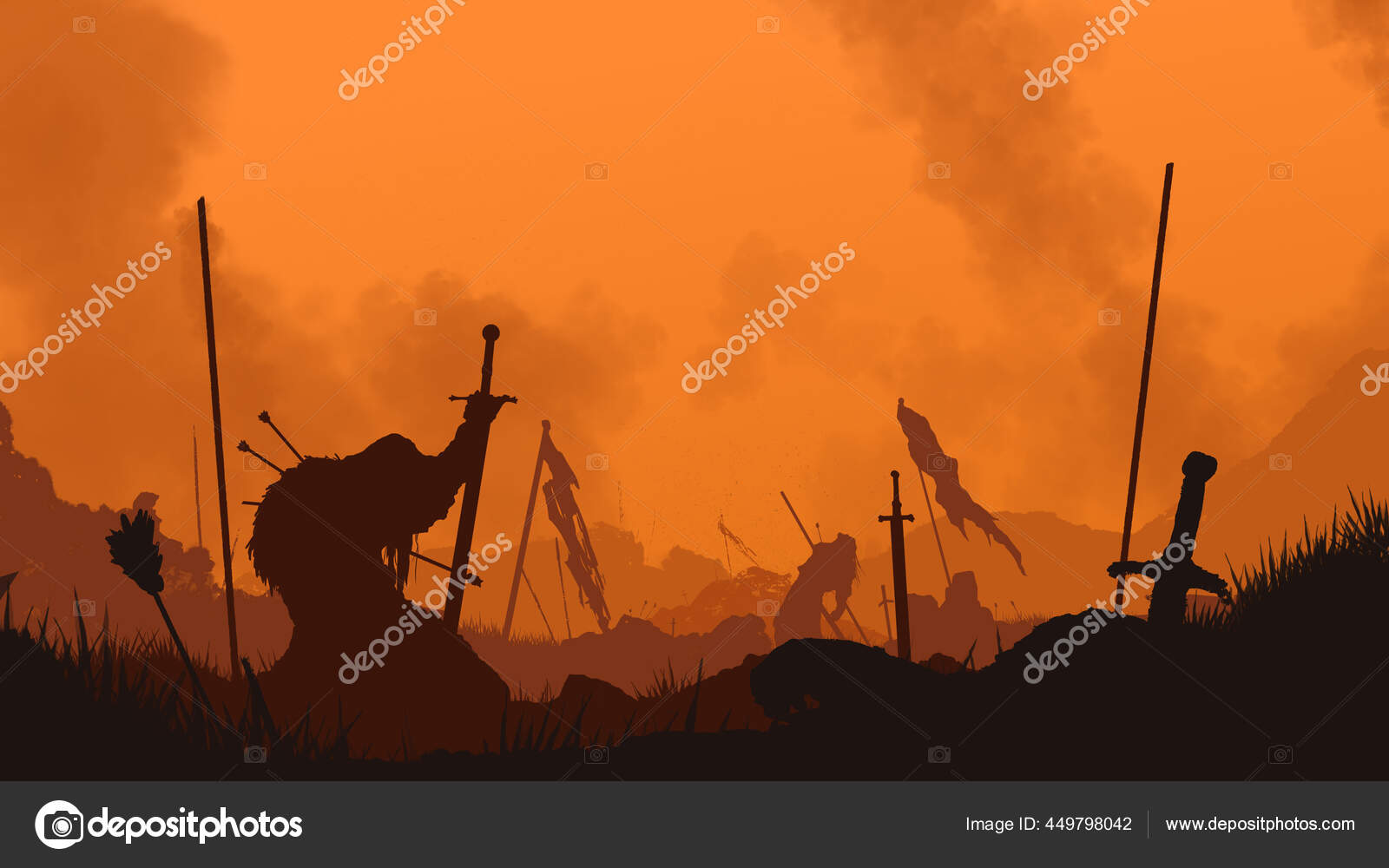 End Battle Fallen Warrior Holds Sword His Hand Bloody Sunset Stock ...