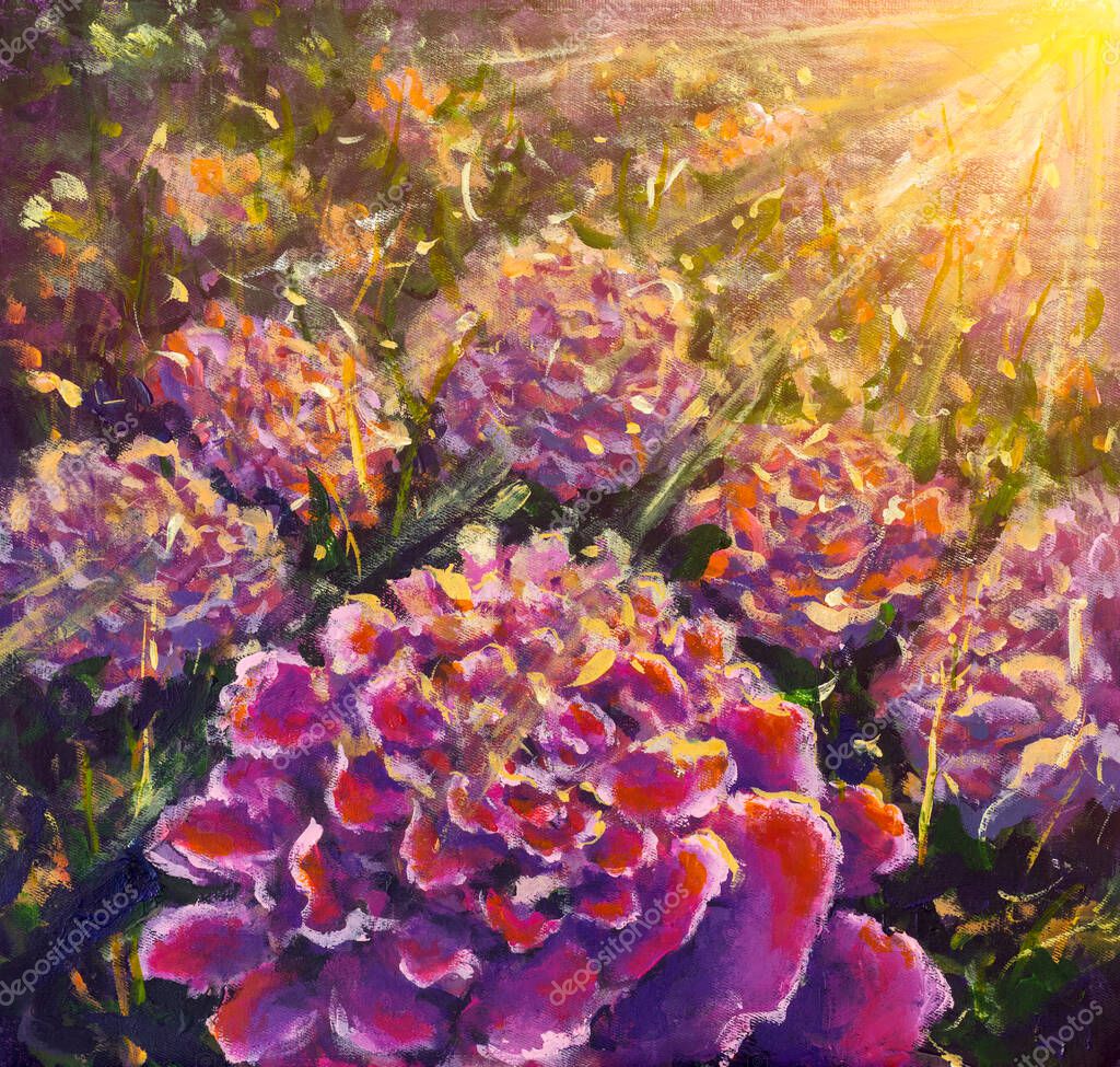 Pintura acrílica y al óleo sobre lienzo Flores rosa púrpura peonías ...
