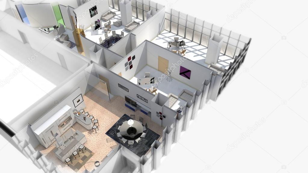 3D modeling building interior and exterior, with furniture — Stock ...