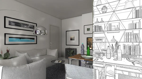 3D modeling building interior and exterior, with furniture - Stock ...