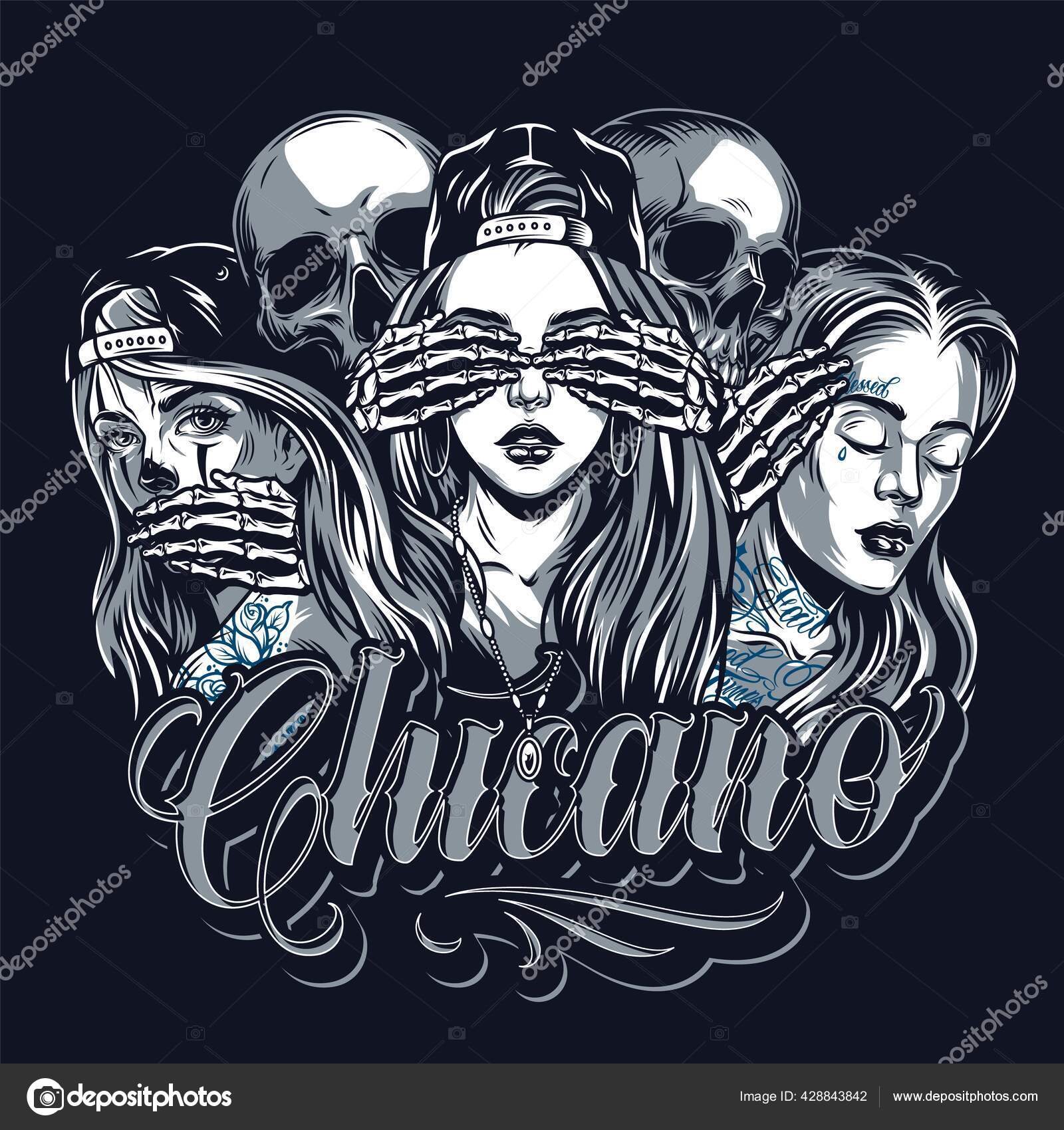 Evil Monkeys Chicano Tattoo Template Skeletons Covering Eyes Ears Mouth ...