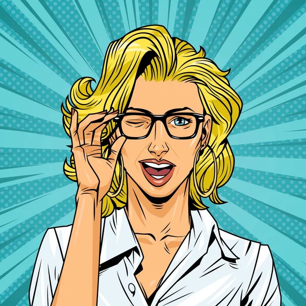 Comic Winking Attractive Woman Red Glasses Black Hair Radial Turquoise