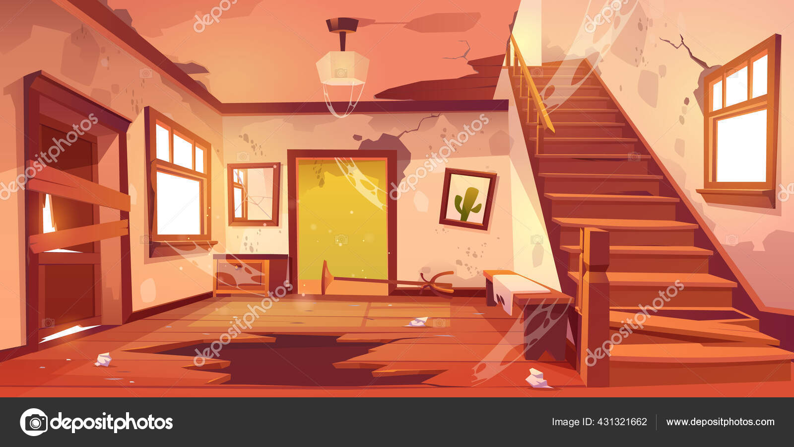Old Abandoned House Mess Broken Furniture Daytime Vector Cartoon ...