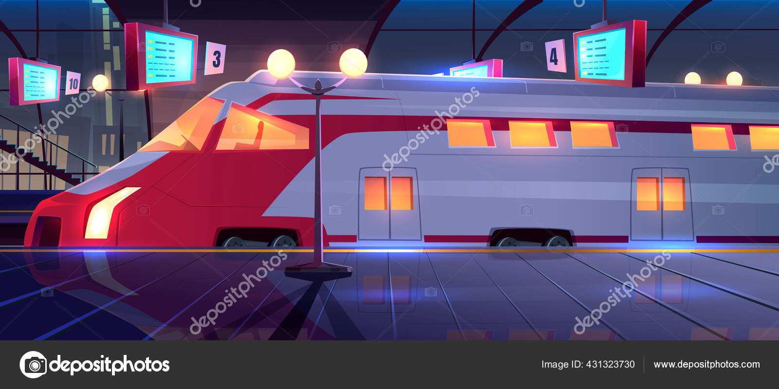Railway Station High Speed Train Platform Night Vector Cartoon ...