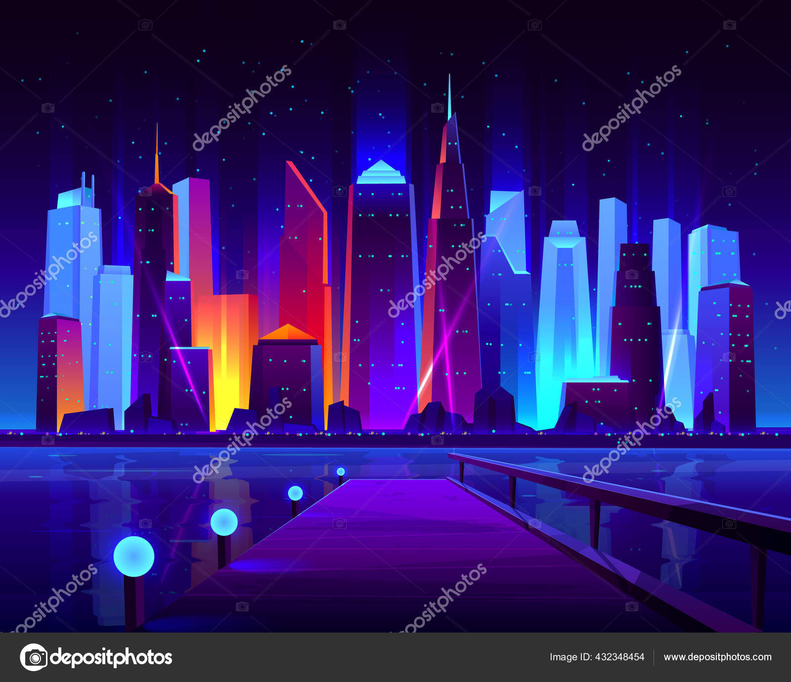 Future Metropolis Seafront Illuminating Neon Colors Lights Futuristic ...