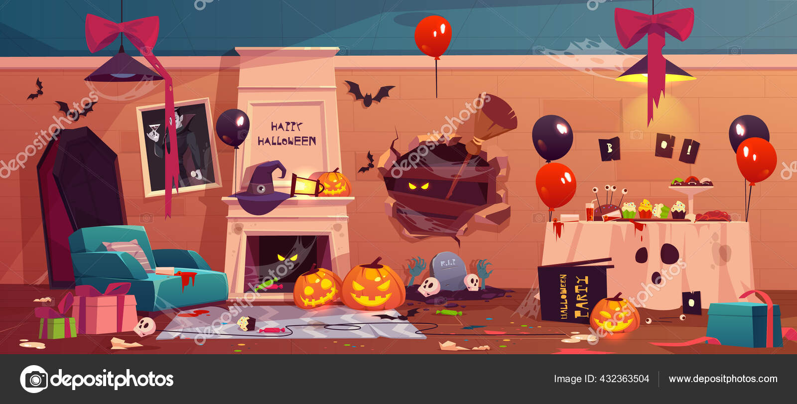 Party Mess Halloween Decorated Room Empty Messy Dirty Afterparty ...