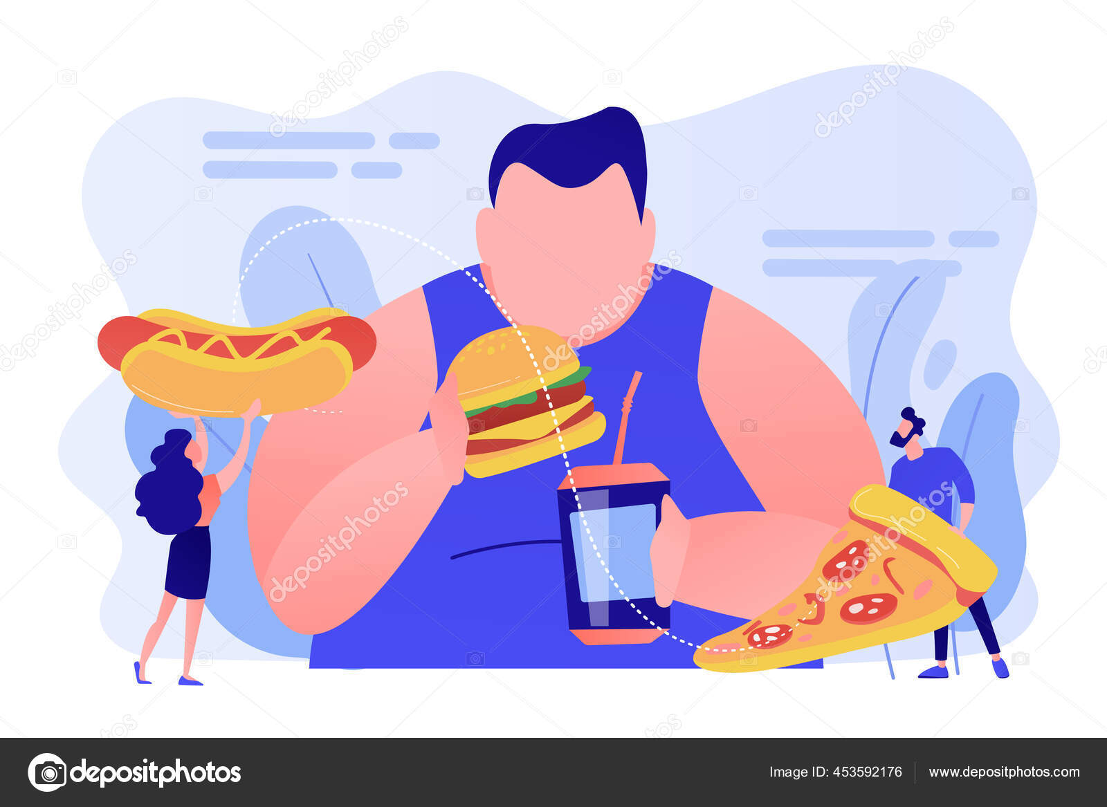 Overweight Man Eating Burger Tiny People Giving Fast Food Overeating ...