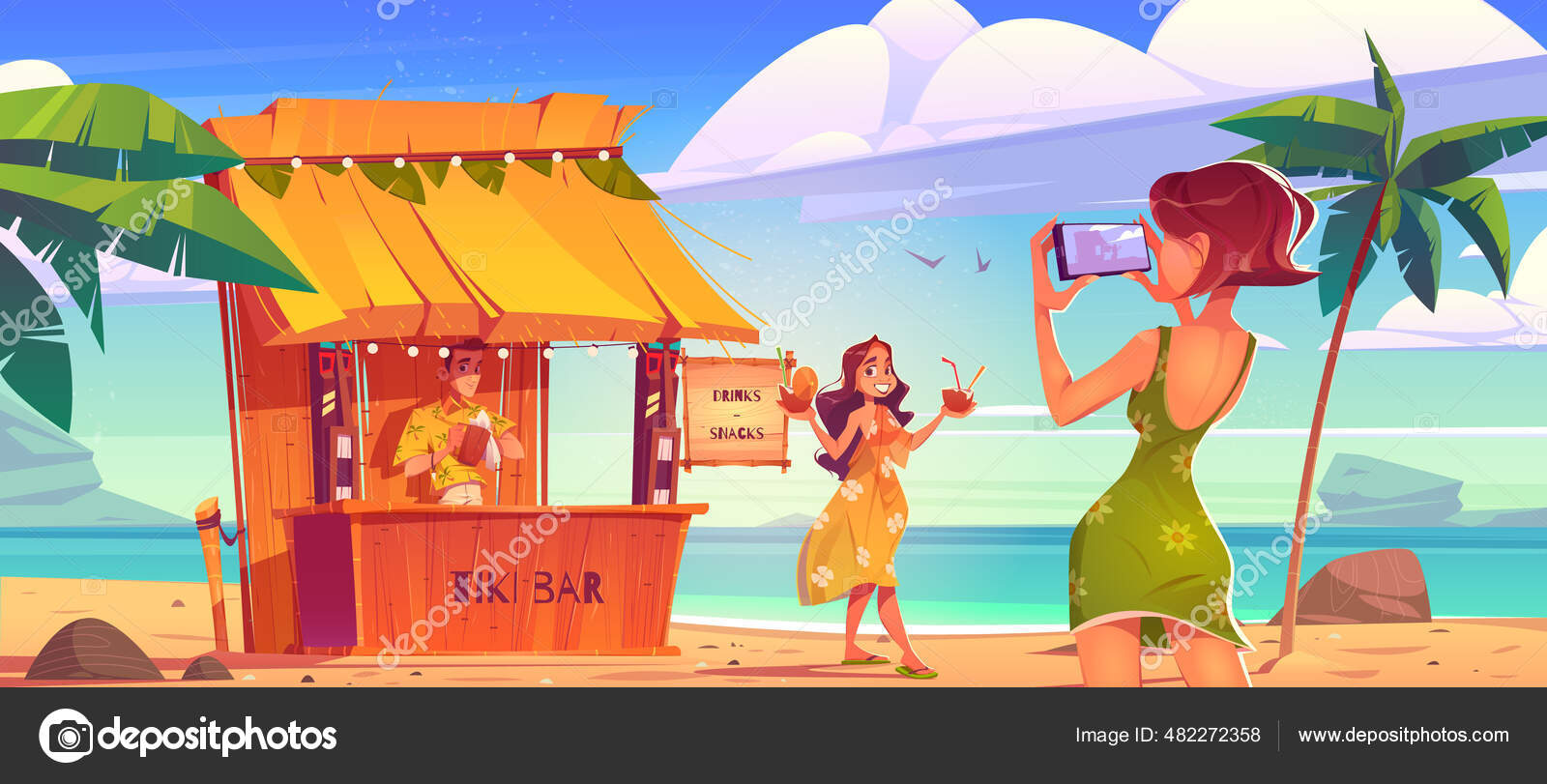 Woman Posing Beach Photo Shoot Cocktails Hands Tiki Hut Bar Stock ...