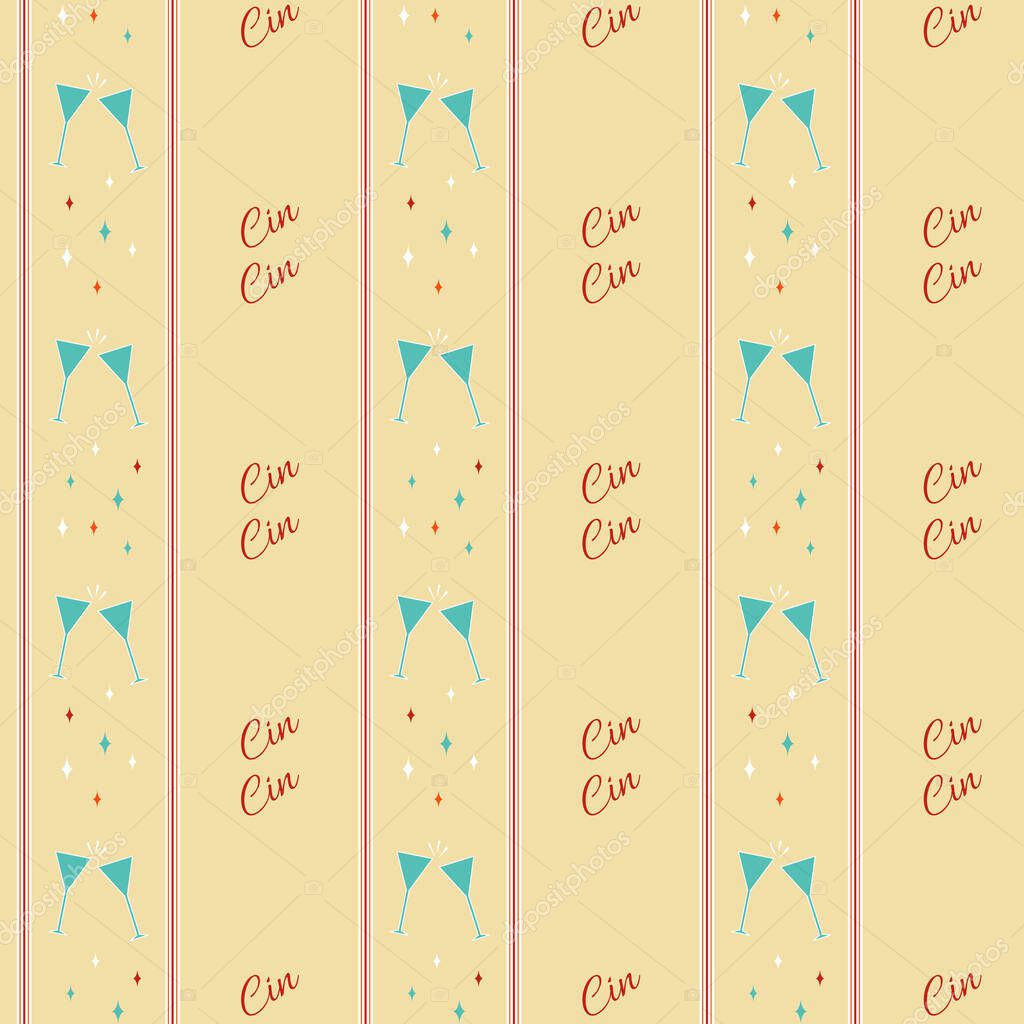 Salud en italiano - Cin Cin. Patrón sin costura vectorial. Copas de vino. Fondo de cóctel. 2023