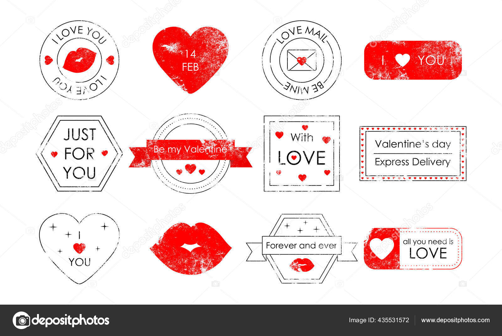 Romantic stamps, a set of stamps for envelopes, postcards and letters ...