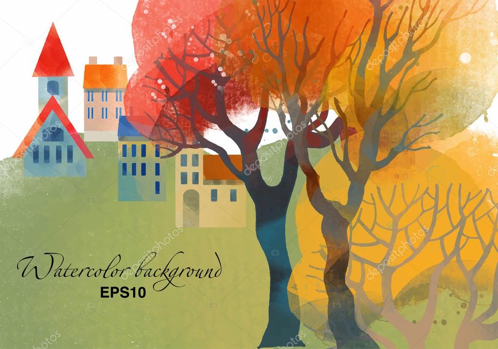 Watercolor autumn town background Stock Vector by ©TatianaDavidova 76452825