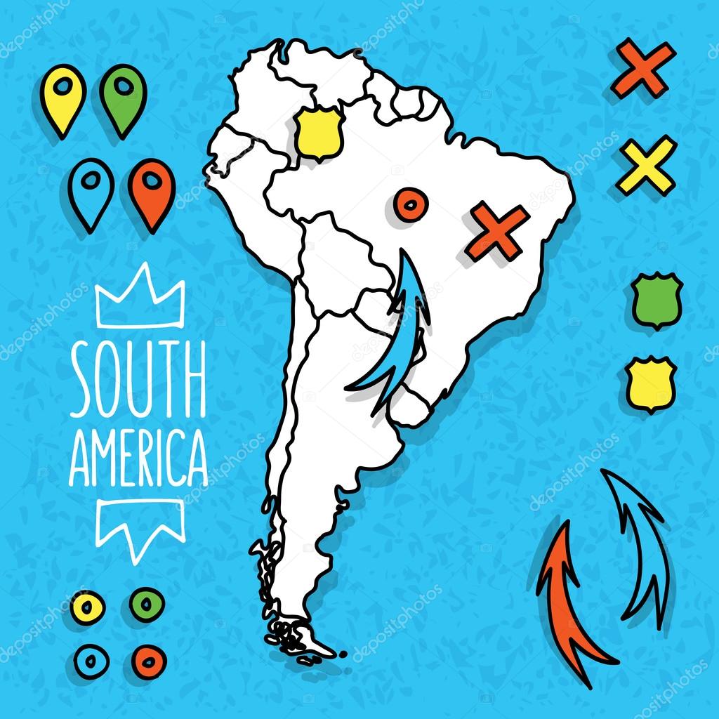 Mapa de viaje dibujado a mano de América del Sur con ilustración de ...