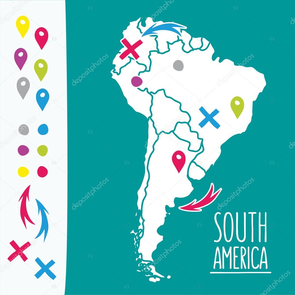 Vintage dibujado a mano América del Sur mapa de viajes con pines vector ...