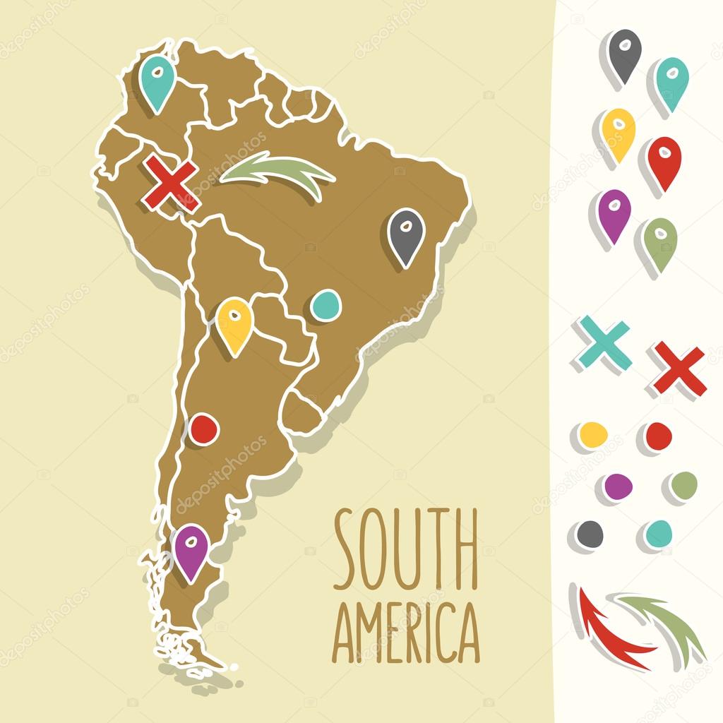 Vintage dibujado a mano América del Sur mapa de viajes con pines vector ...