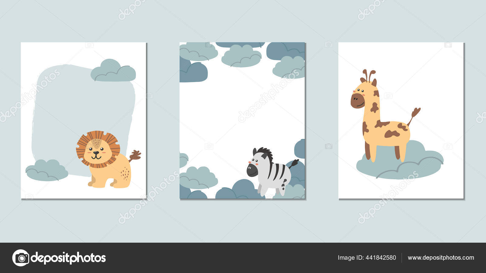 Set Vector Children's Cards Lion Zebra Giraffe Templates Text Children ...