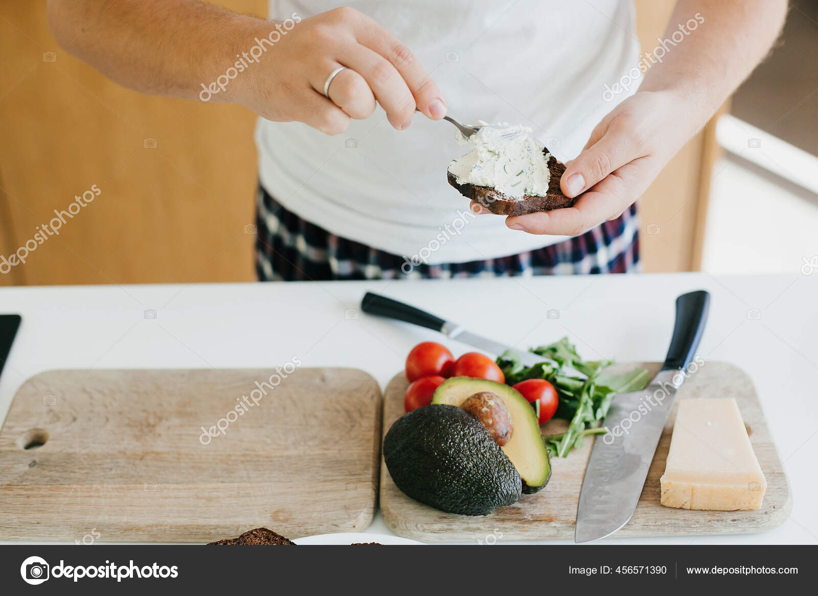 Young Man Making Avocado Toasts Putting Cheese Cream Whole Grain ...