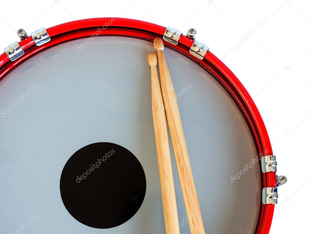 Snare drum with coated head and drumstick isolated on white background ...