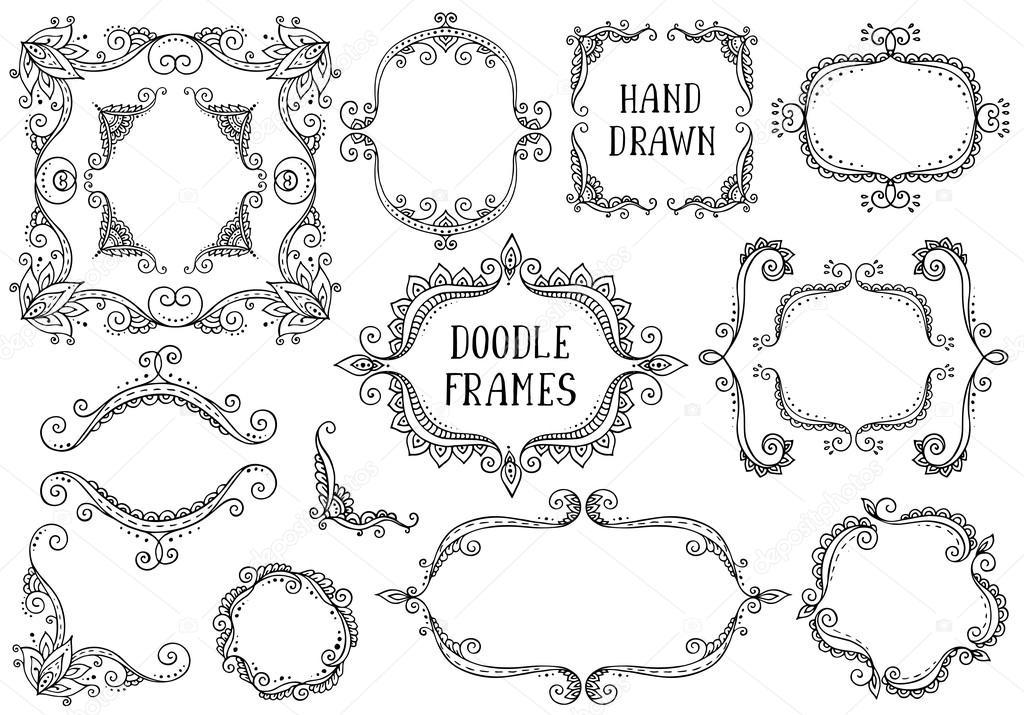 Set of hand drawn vector doodle frames on white background. — Stock ...
