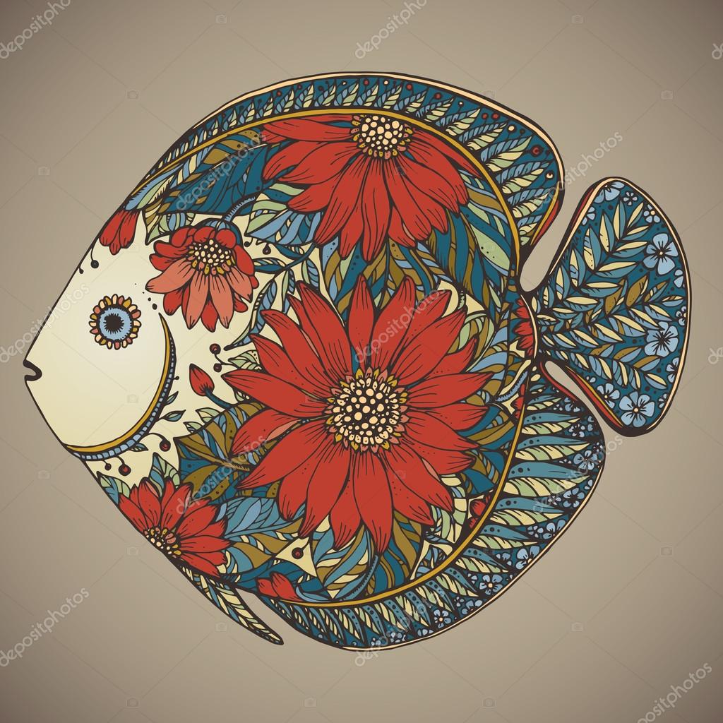 Hand drawn fish with floral elements — Stock Vector © Natality #75708853