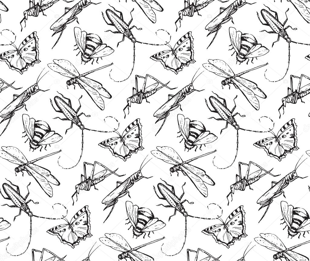Insects sketch decorativeseamless pattern with dragonfly, fly, b ...