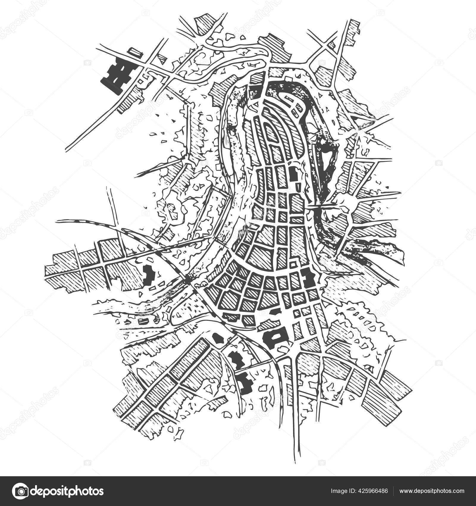 Image vectorielle Plan Urbain D'une Ville Vieux Village Doodle Carte ...