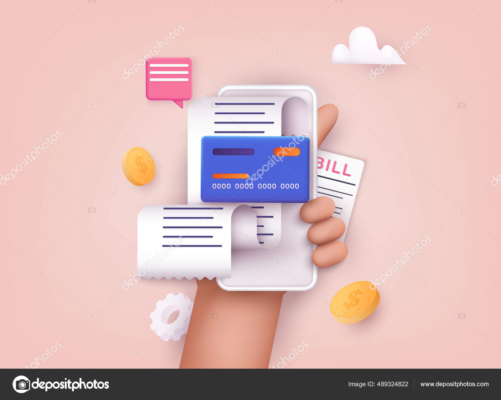 Hand Holding Mobile Smart Phone Paying Bills Invoice Bill Icon Stock ...