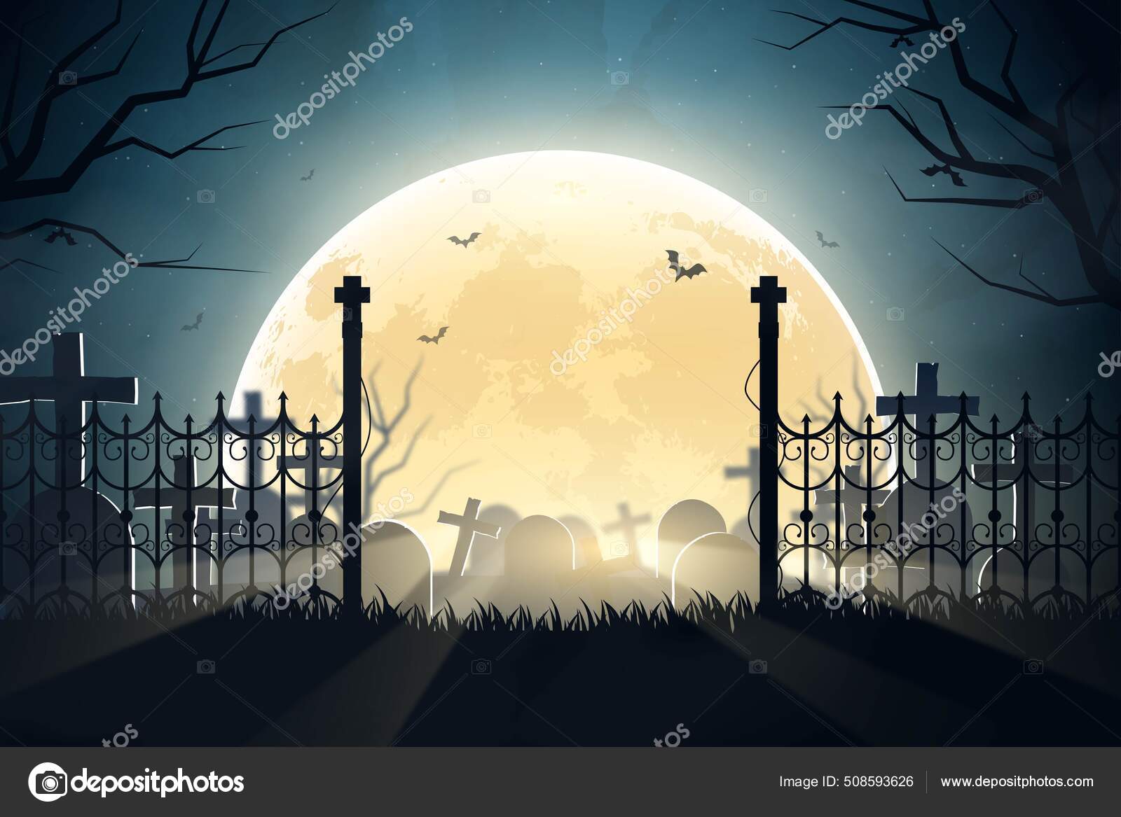 Realistic Halloween Cemetery Background Vector Design Illustration ...
