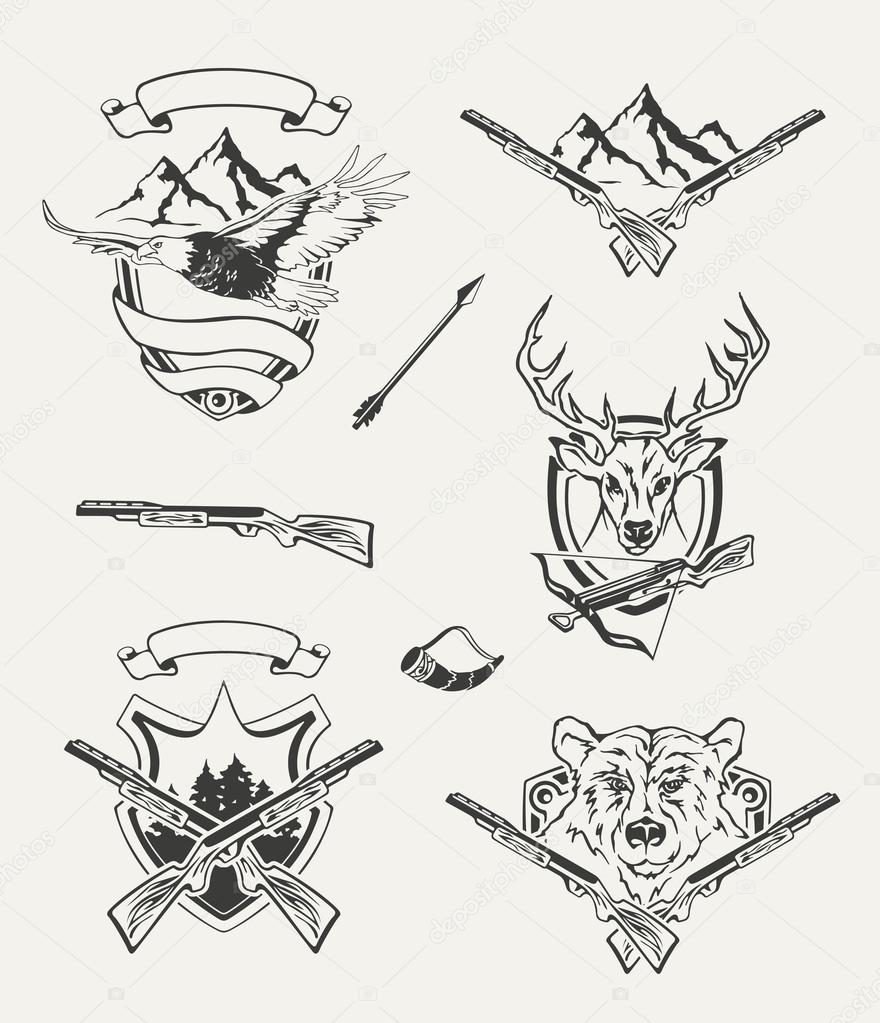 Set of hunt emblems, badges, labels and designed elements Stock Vector ...
