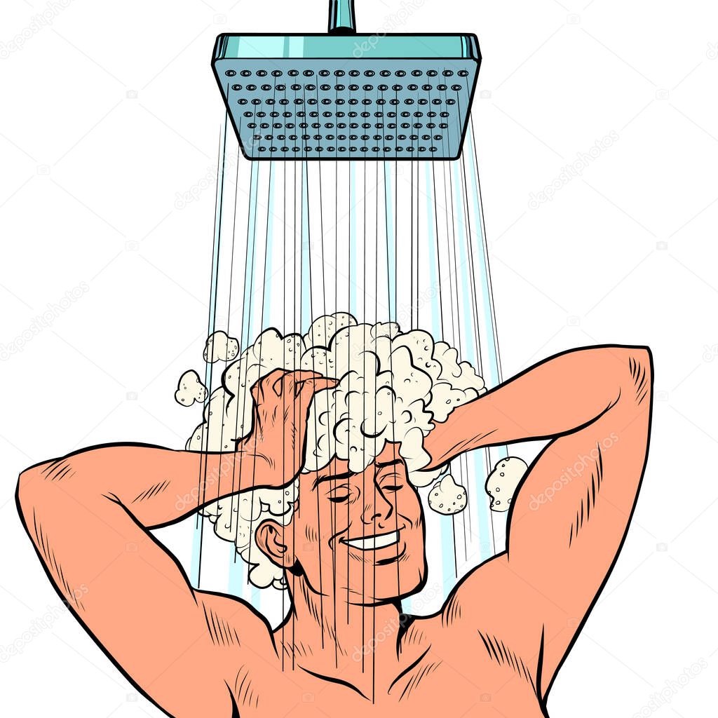 un hombre se lava el pelo en la ducha. Rutina diaria del empresario 2023