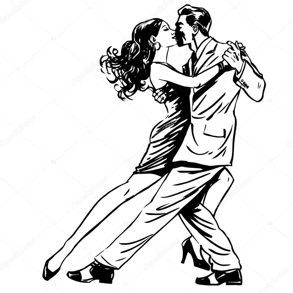 Kiss Man And Woman Dancing Couple Tango Retro Line Art Stock Vector