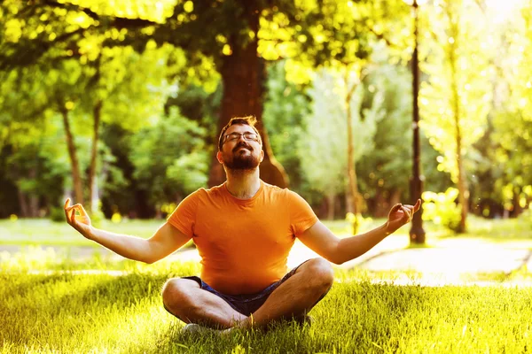 A happy thoughtful dreamer man is sitting on green grass in a park at ...