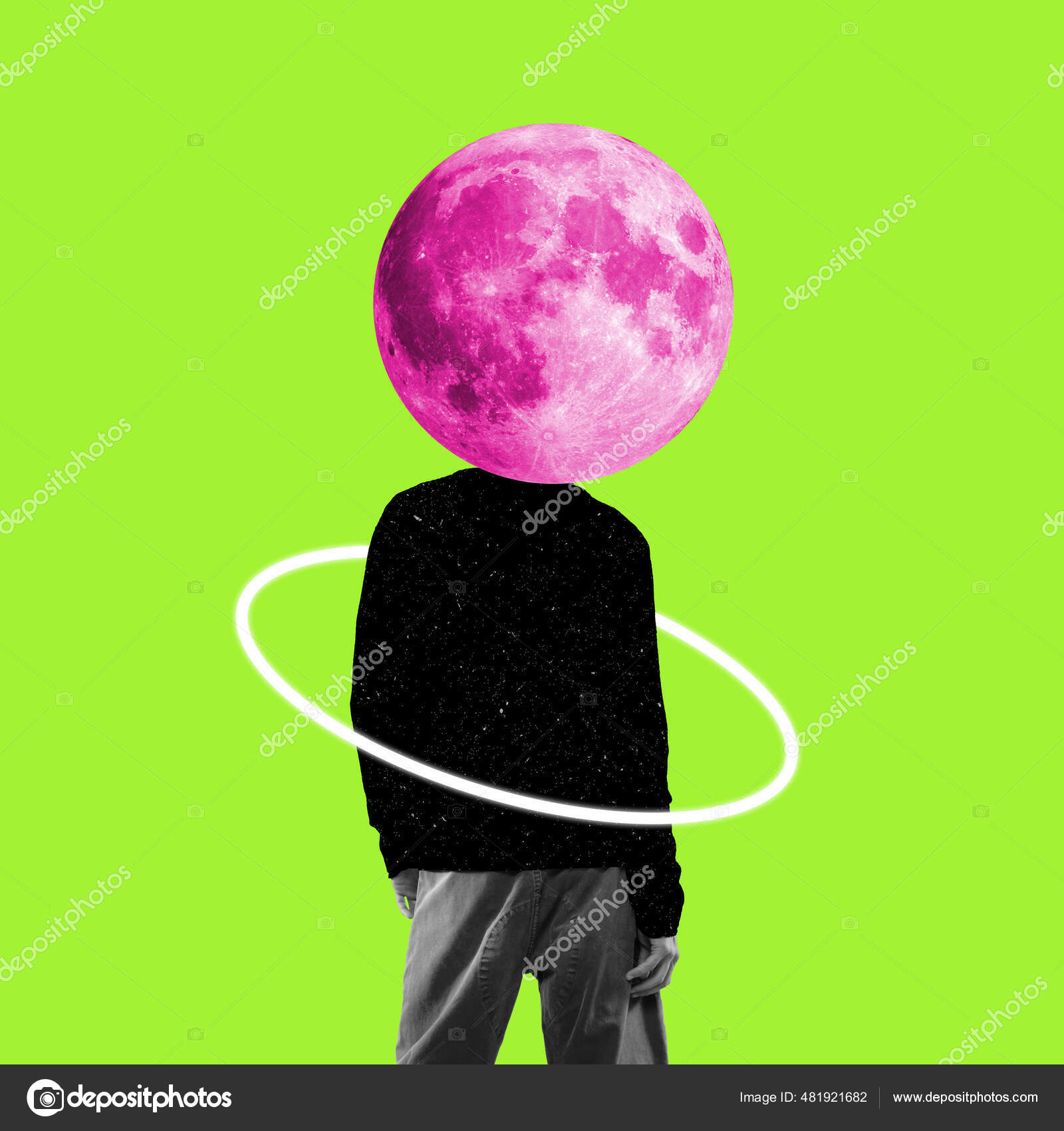 Surrealism. Male model with pink planet istead of head. Concept of ...