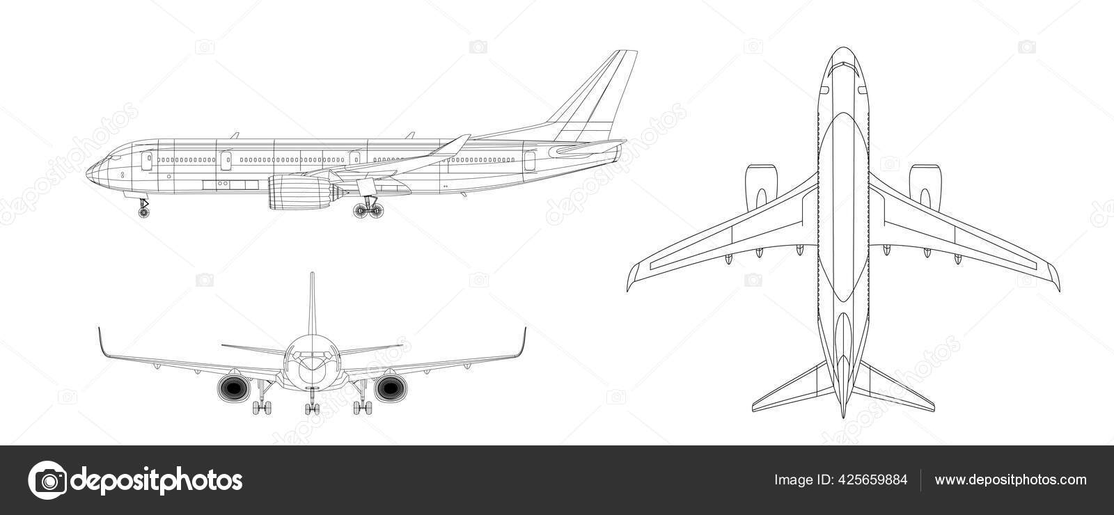 Airplane Plan. Black Outline Aircraft On White Stock Vector Image by ...