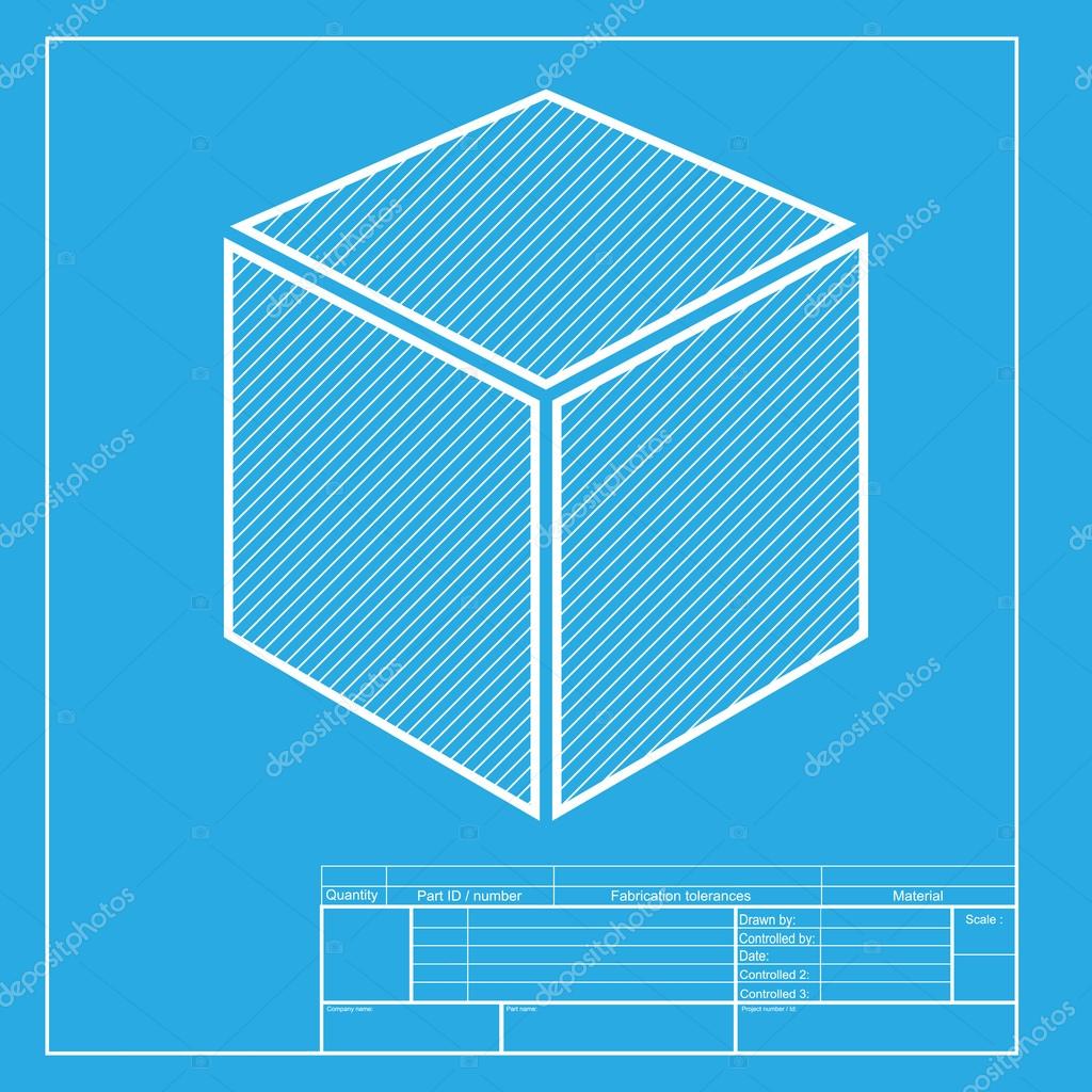 Cube sign illustration. White section of icon on blueprint template ...
