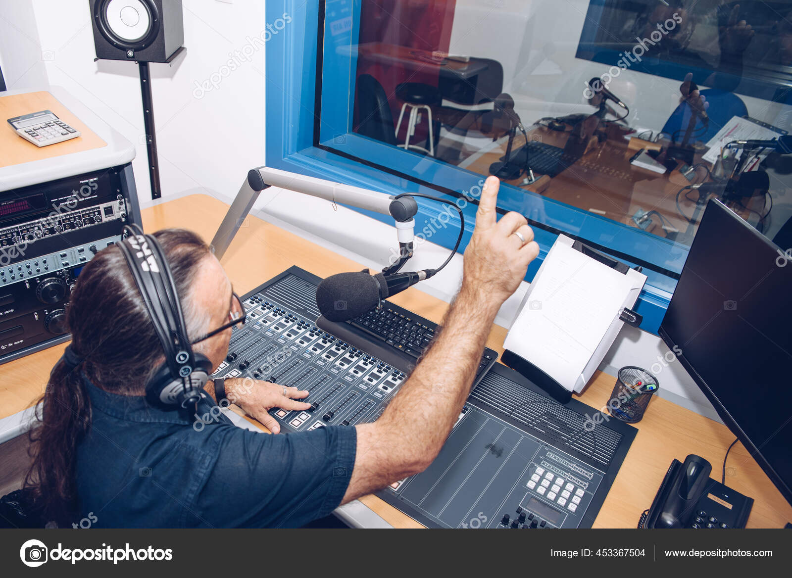 Adult Male Radio Host Booth Mixer Giving Instructions — Stock Photo ...
