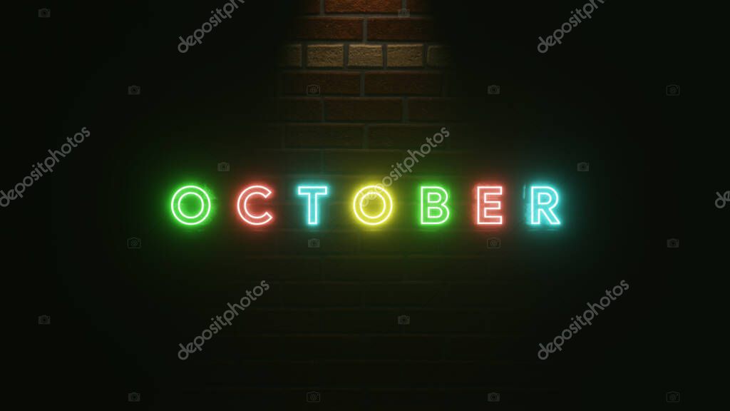Octubre texto neón luz colorido en la textura de la pared de ladrillo ...