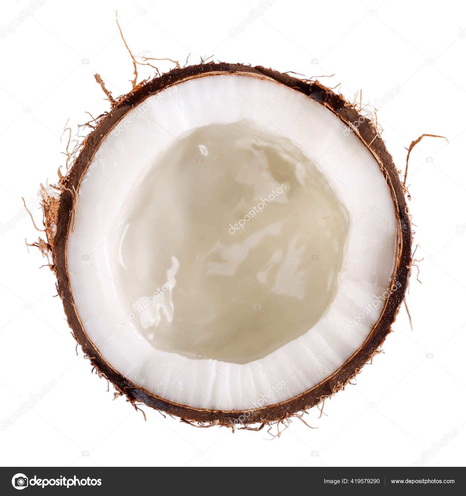 Mitad Coco Fresco Con Agua Coco Interior Aislado Blanco Vista ...