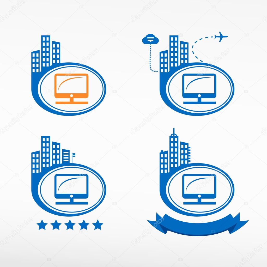 Desktop computer icon on city background. Stock Vector Image by ...