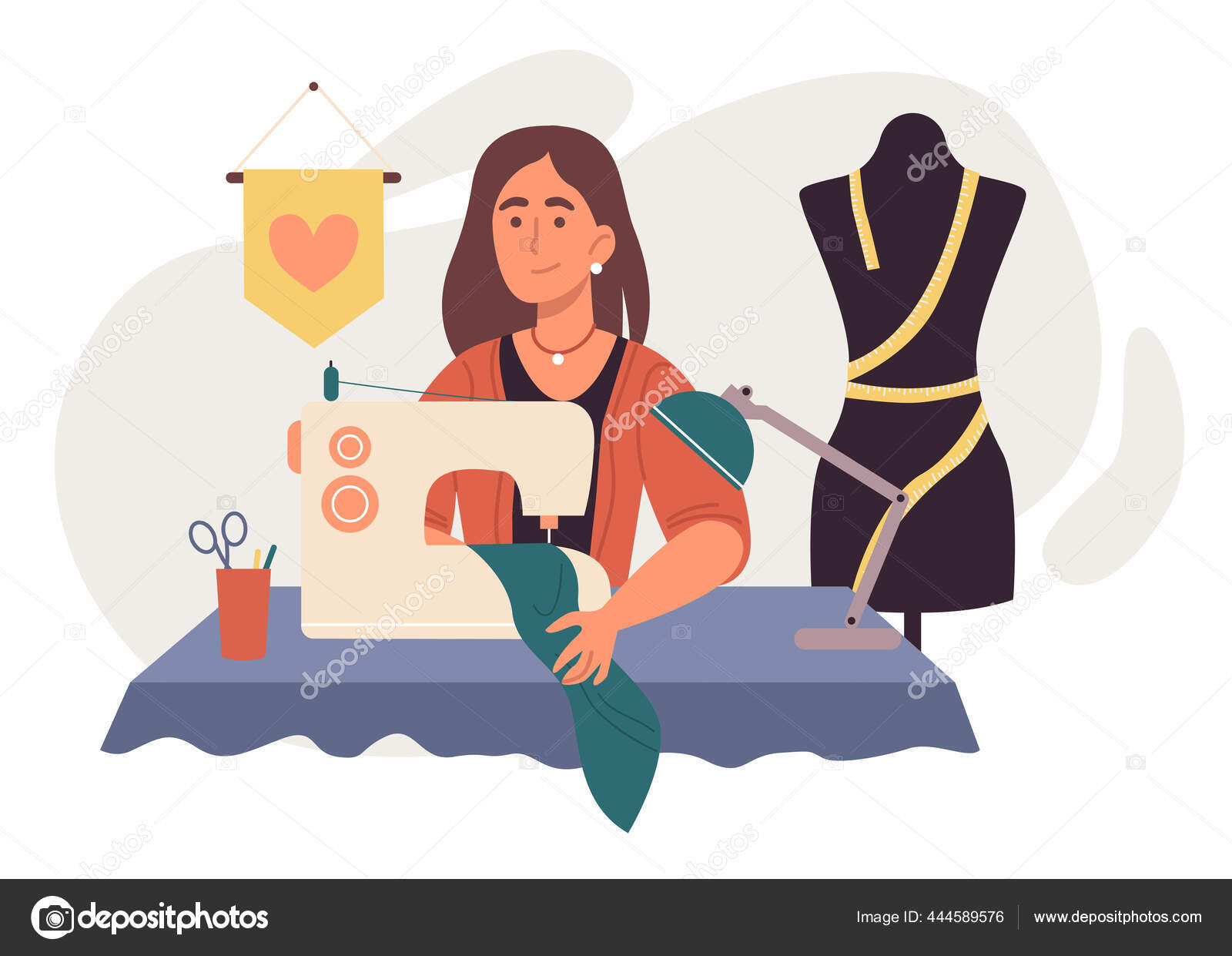 Female at home sewing clothes. Flat design illustration. Vector Stock ...