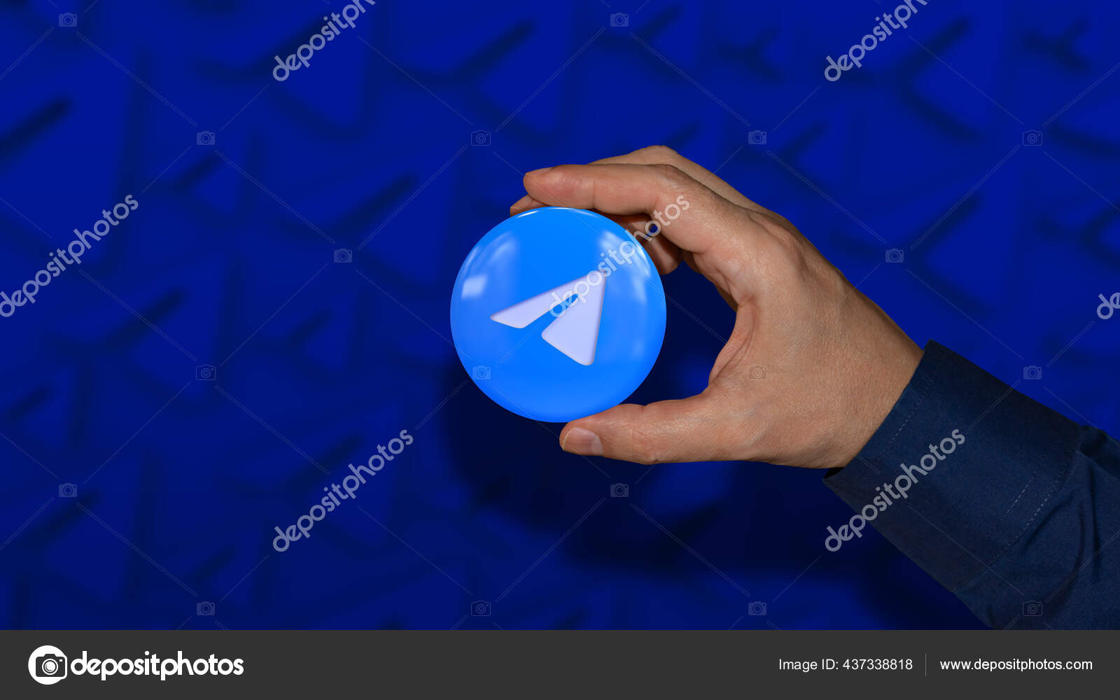 Hand Holding Telegram Logo Glossy Badge Blue Unfocused Background ...