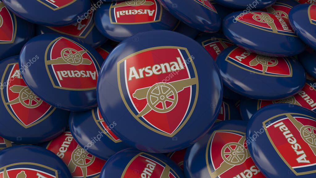 3d representación de un montón de insignias con el logotipo de Arsenal ...