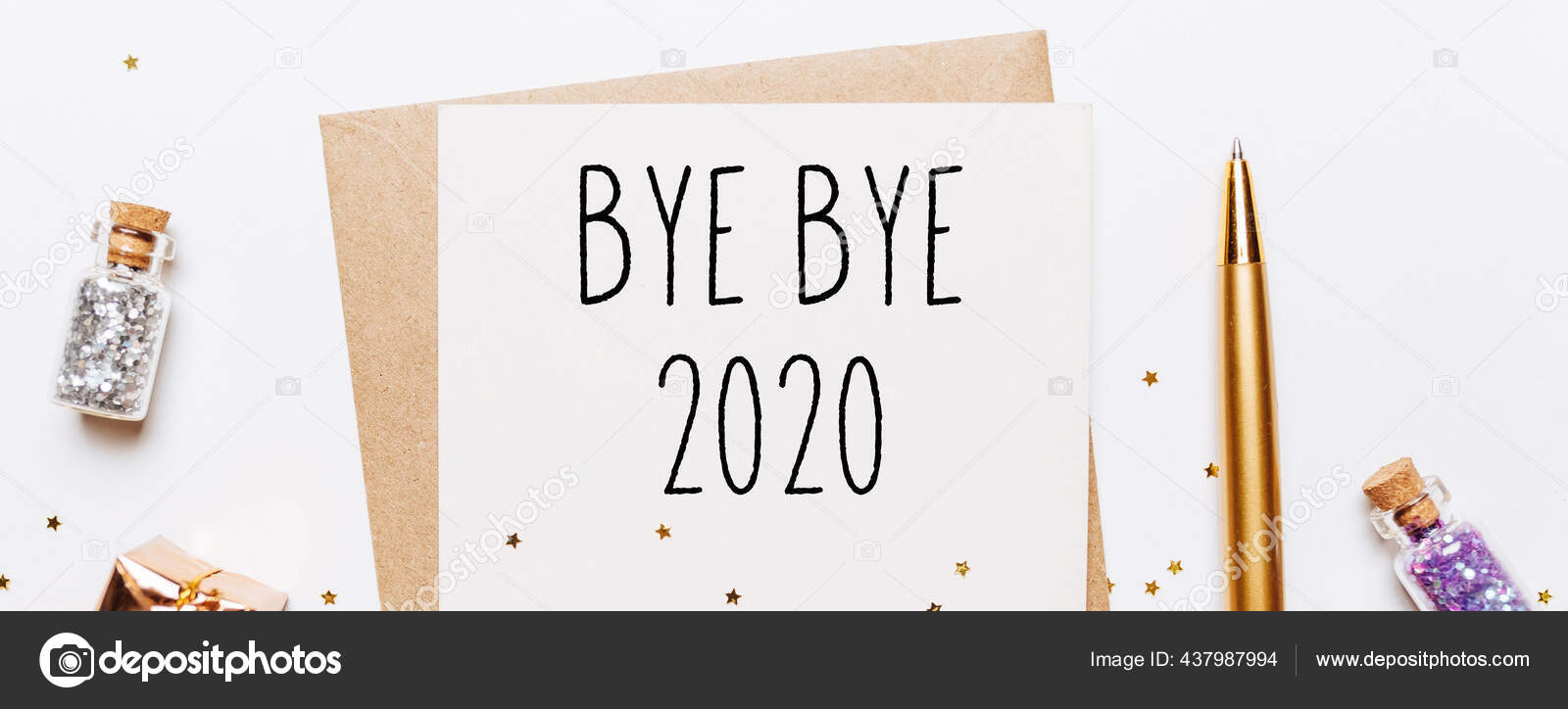 Bye Bye 2020 Note Envelope Gifts Gold Glitter Stars White Stock Photo ...