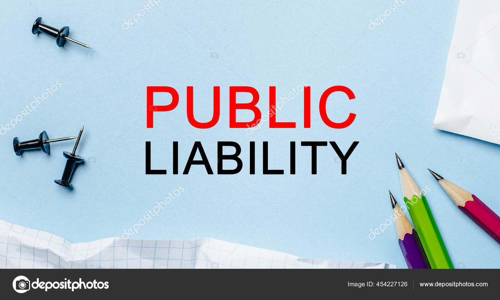 Text Public Liability White Notepad Pencils Blue Background Business ...