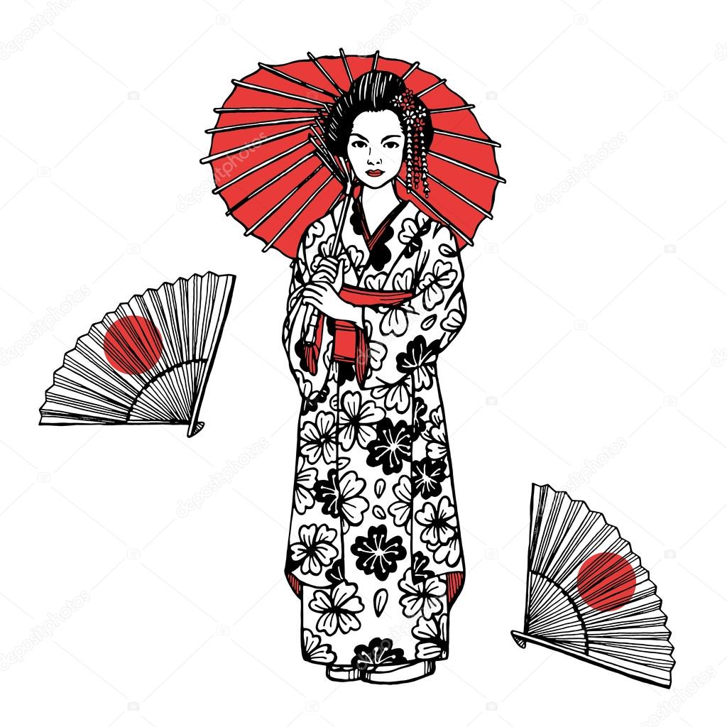Japanese Geisha Fan Drawing
