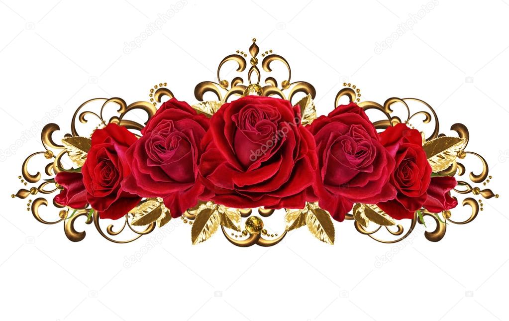Composition of red roses in a gold frame, isolated. Gold weave. — Stock ...