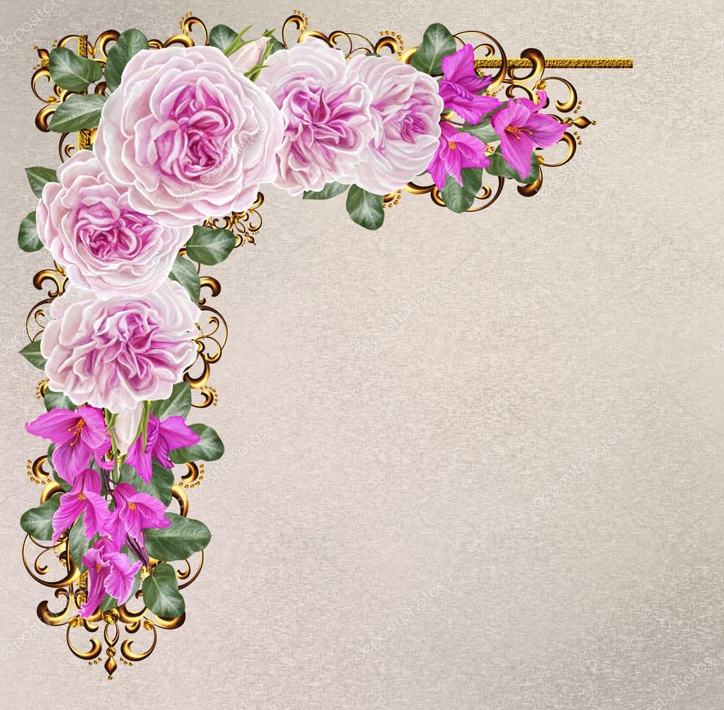 Corner frame gold braiding. Pastel roses. Garland of flowers. Floral ...
