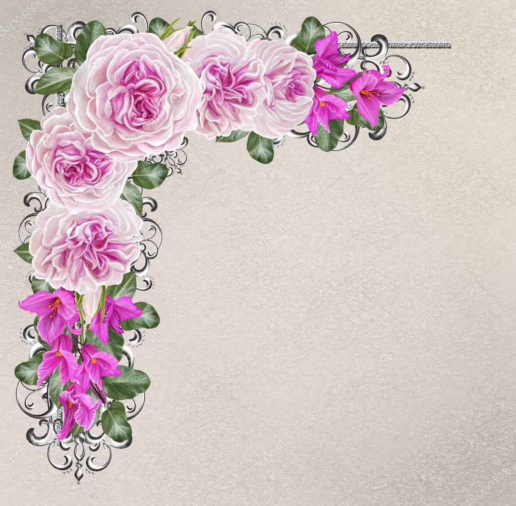 Corner frame Silver weaving. Pastel pink and rose. Garland of flowers ...