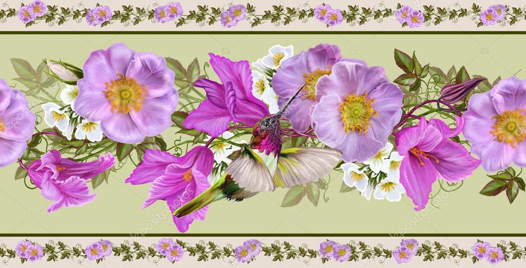 Horizontal floral border. Pattern, seamless. Flower garland of pink ...
