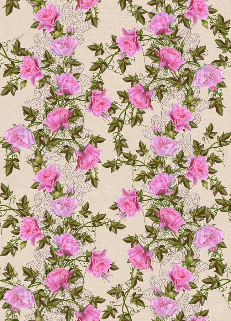 Pattern, seamless. Old style. Bouquet of flowers and pastel pink roses ...